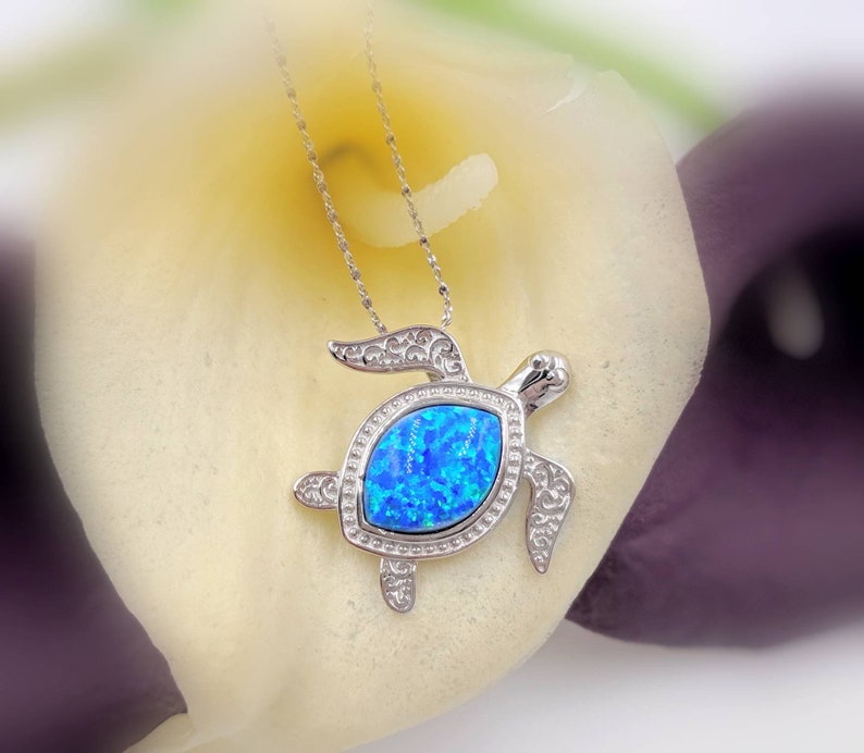 Turtle Necklace; Sterling Turtle Necklace W Blue Fire Opal; 925 Opal ...