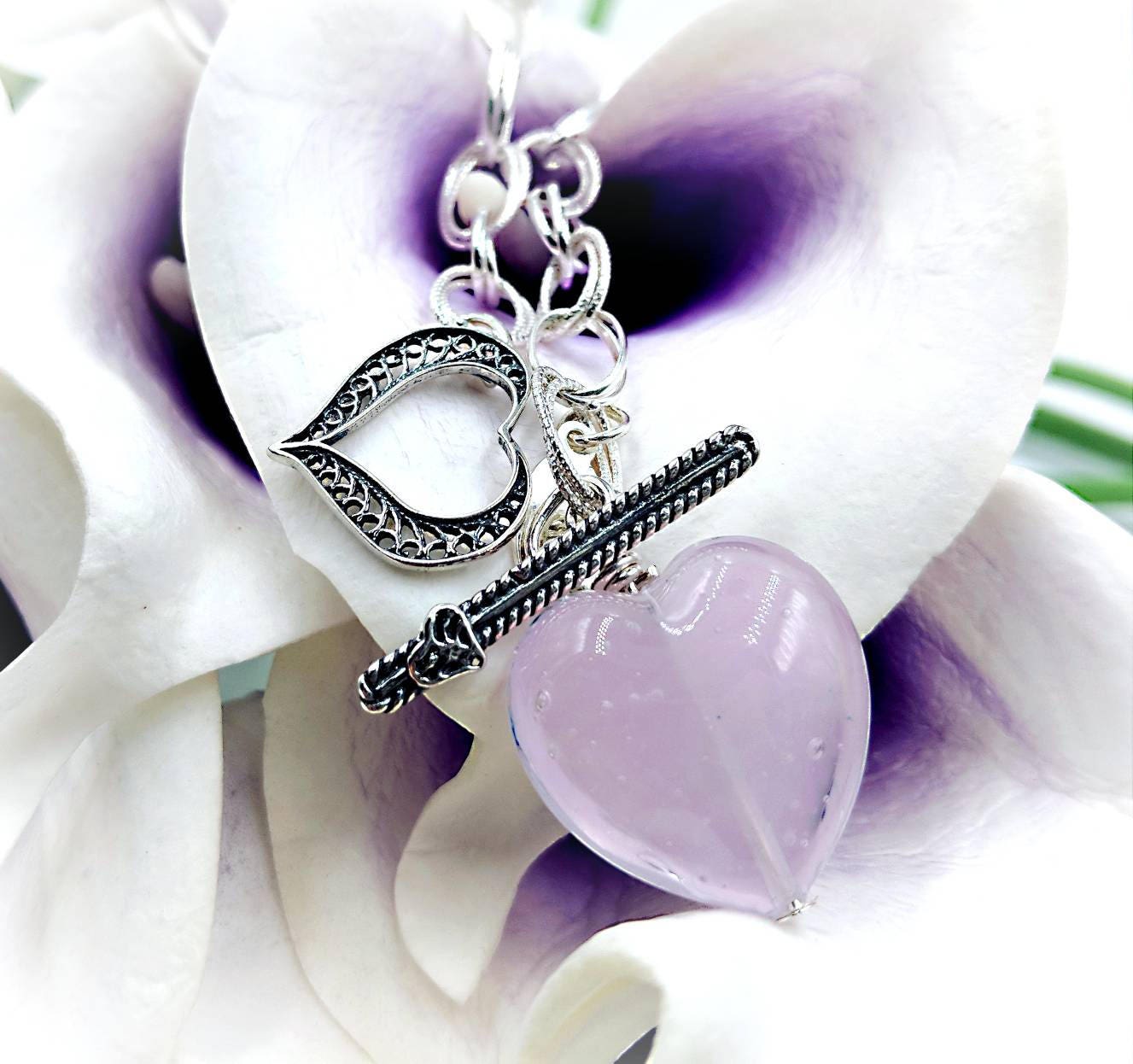 Pink Heart Toggle Necklace Sterling Fancy Double Link Chain | Etsy