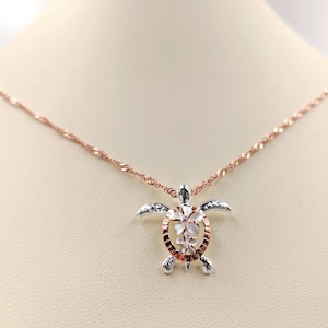 Two Tone Turtle Rose Gold Turtle Necklace With Hibiscus Flower Rose and ...