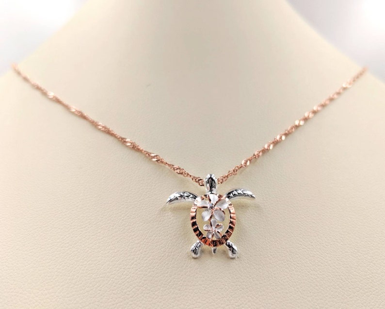 Two Tone Turtle Rose Gold Turtle Necklace With Hibiscus - Etsy
