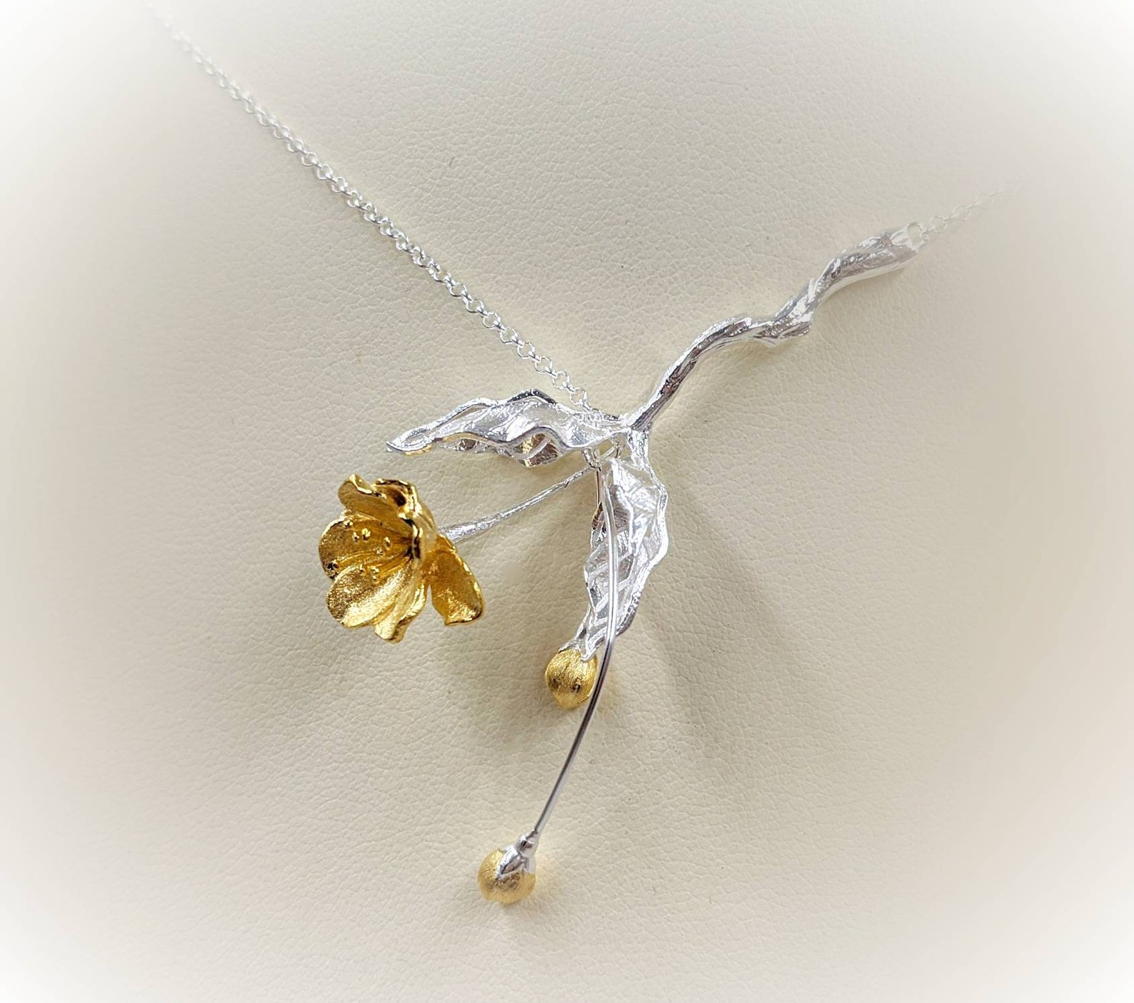 Two Tone Begonia Flower Necklace; 925 Hanging Flower Necklace on Silver ...