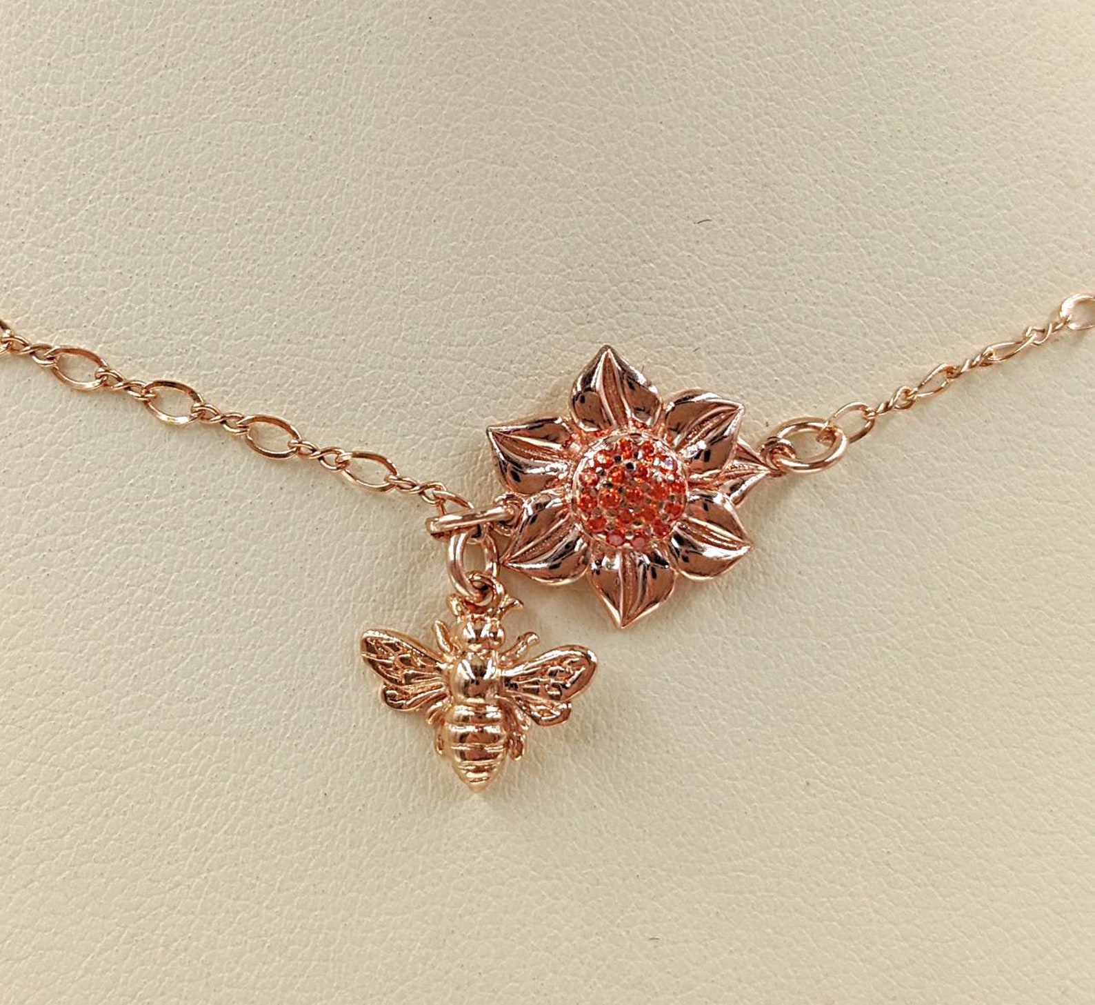 14K Vermeil Rose Gold Honey Bee Necklace With Sunflower; Rose Gold Bee ...