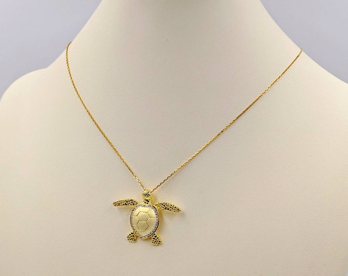 Yellow Gold Sea Turtle Necklace; 925 and Gold Turtle Charm; Gold Pave ...