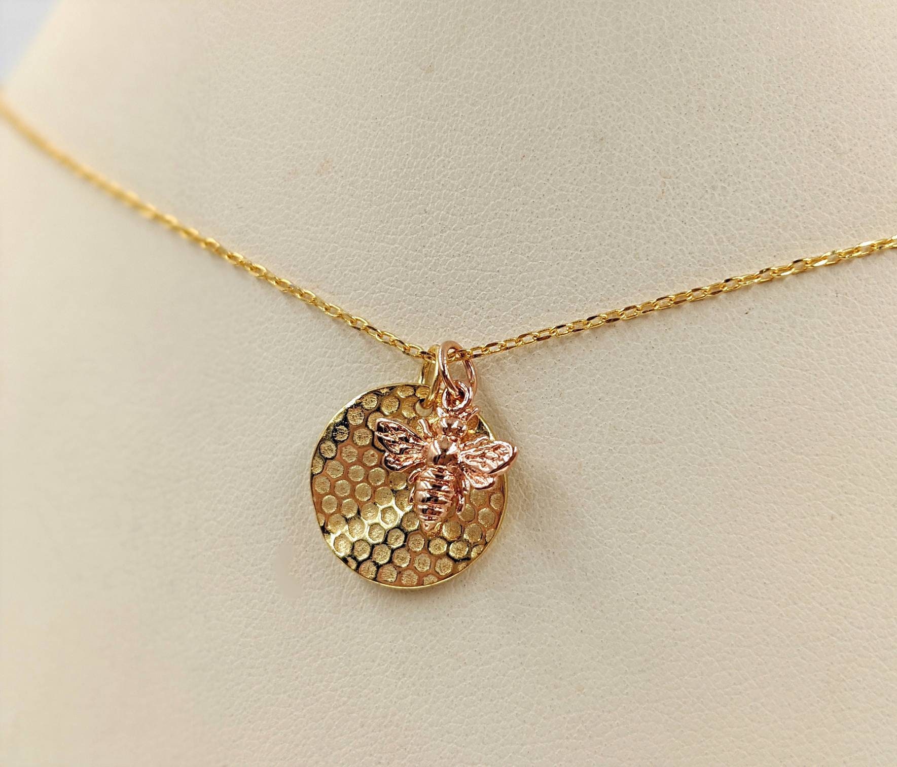 Rose Gold Honey Bee Necklace with Gold Honeycomb; Gold Bumble Bee ...