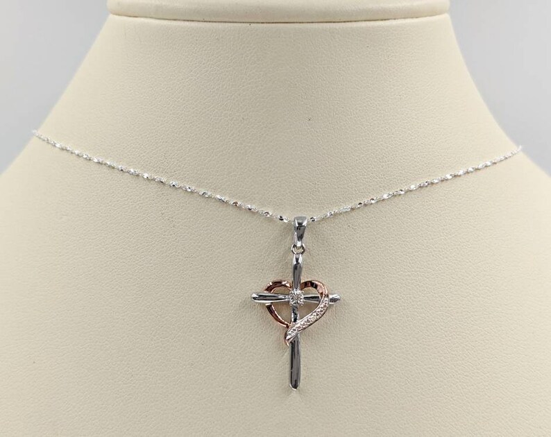 Rose Gold & Sterling Silver Cross Necklace With Heart and | Etsy