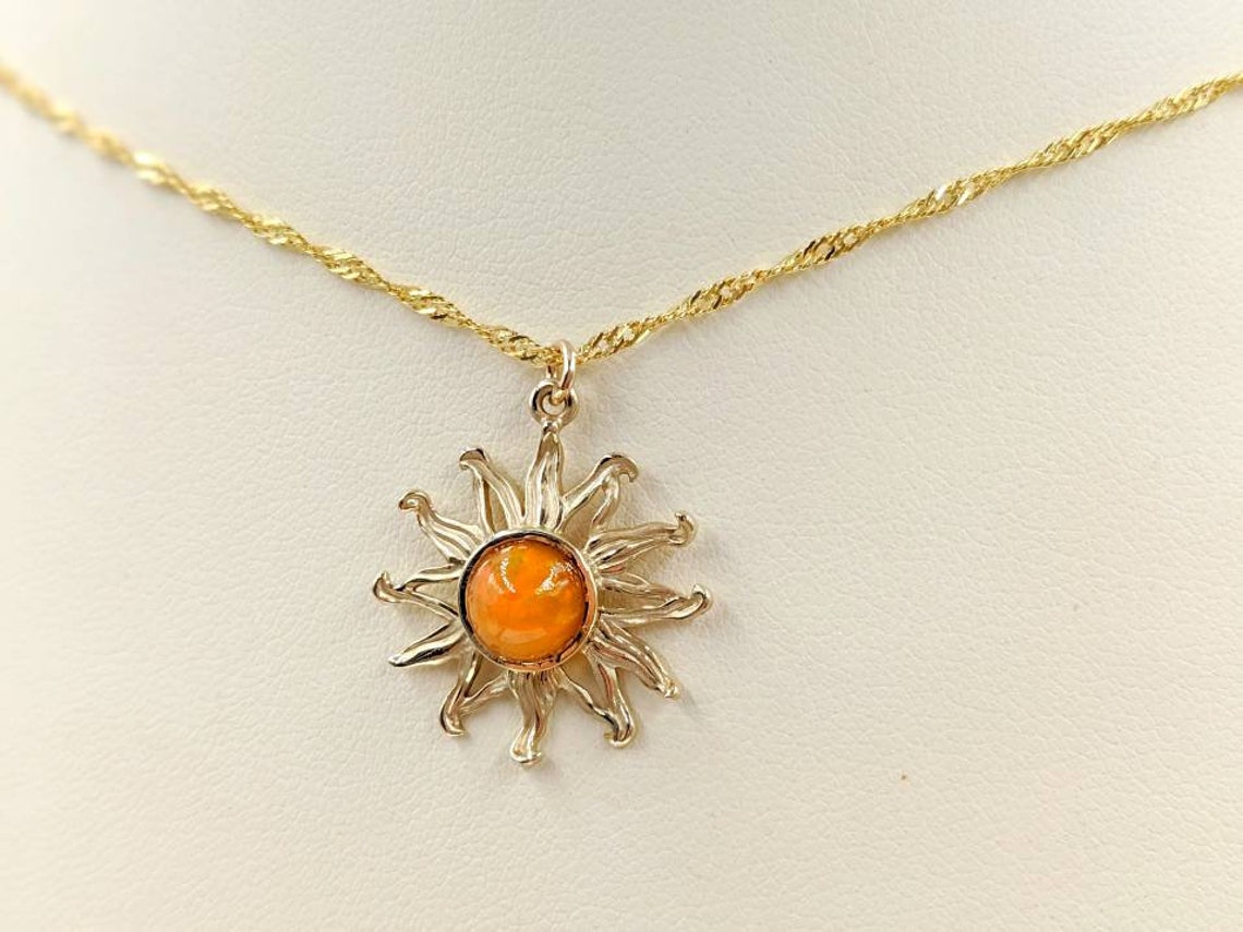 Genuine Fire Opal and Solid 14K Gold Sun Pendant Necklace; Orange ...