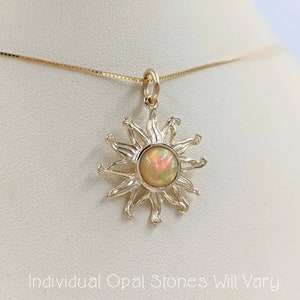 Genuine Fire Opal and Solid 14K Gold Sun Pendant Necklace; Genuine ...