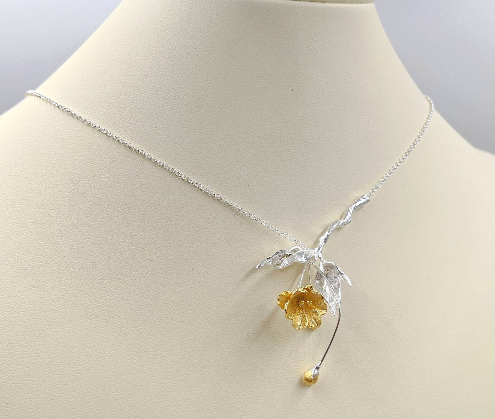Two Tone Begonia Flower Necklace; 925 Hanging Flower Necklace on Silver ...
