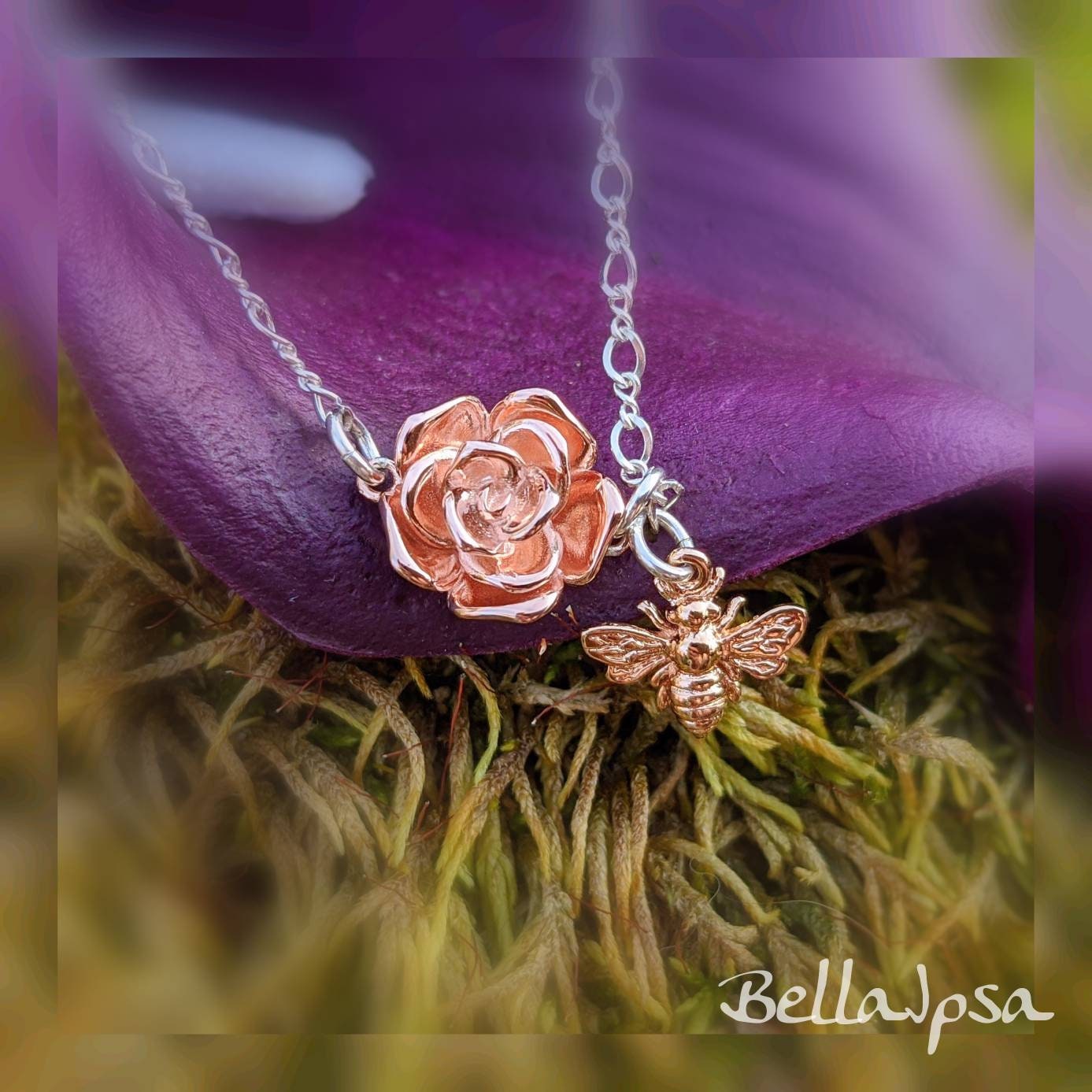 14K Vermeil Rose Gold Honey Bee Necklace With Rose Flower; Rose Gold ...