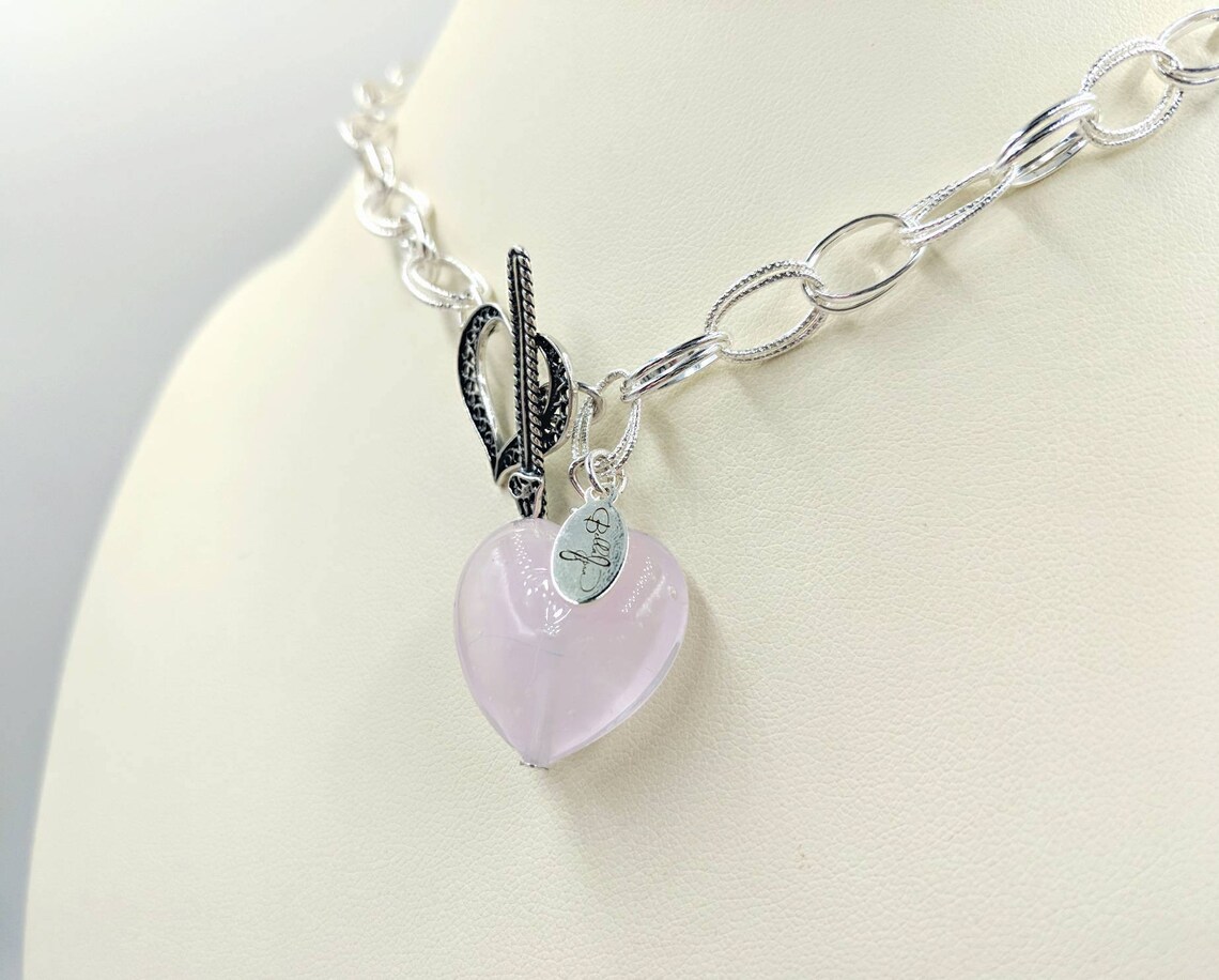 Pink Heart Toggle Necklace - Sterling Fancy Double Link Chain Necklace ...