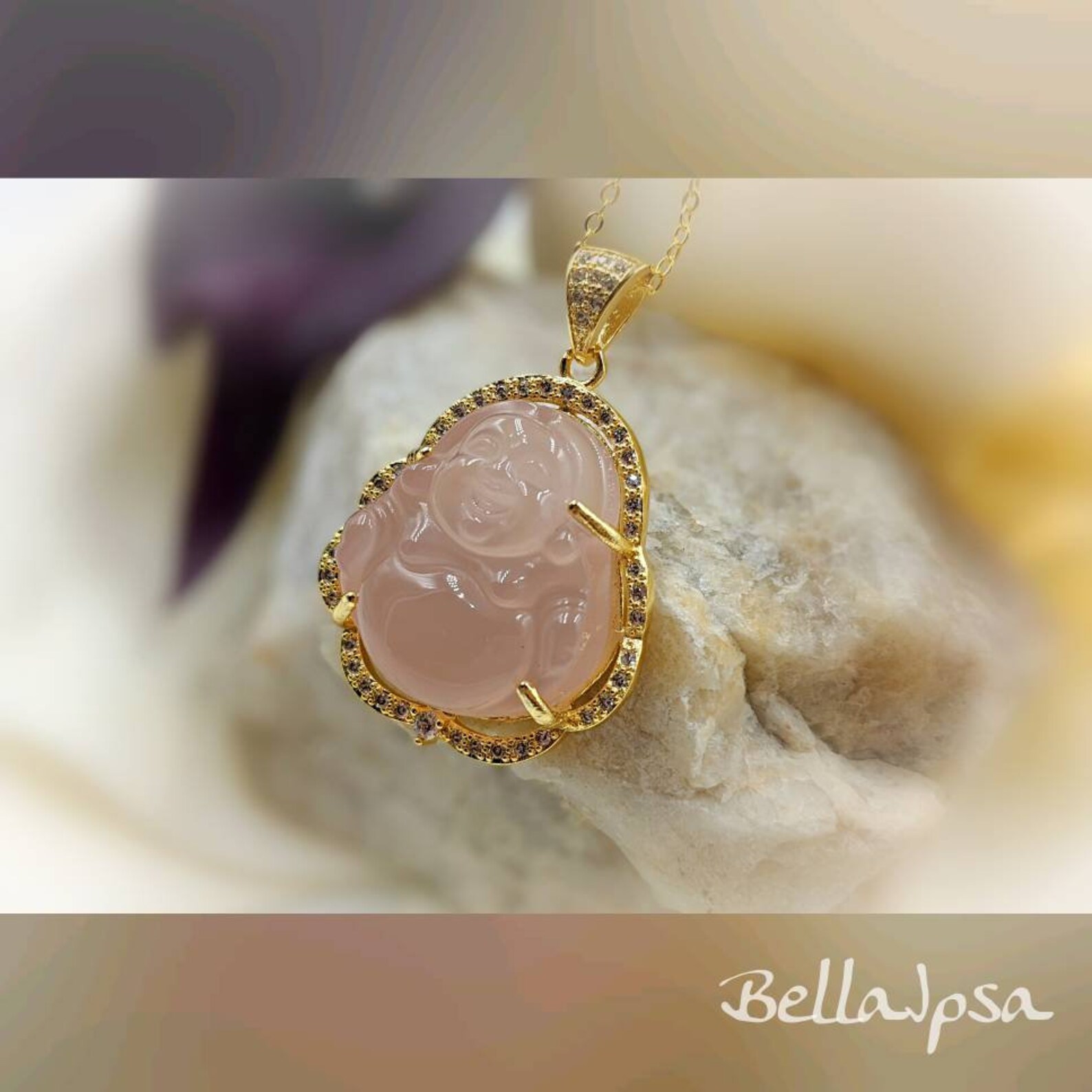 Yellow Gold Genuine Pink Jade Buddha; 925 Gold Buddha Necklace; Gold ...
