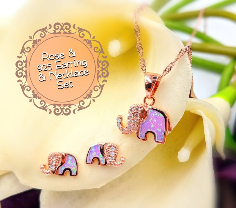 Rose Gold Pink Opal Elephant Necklace & Earring Set; 925 Rose Gold Opal ...