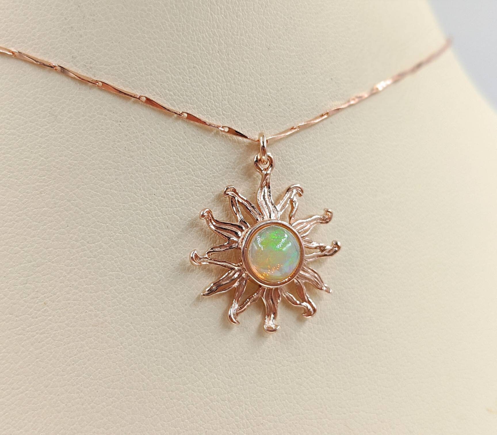 Genuine Fire Opal and Solid 14K Rose Gold Sun Pendant Necklace ...