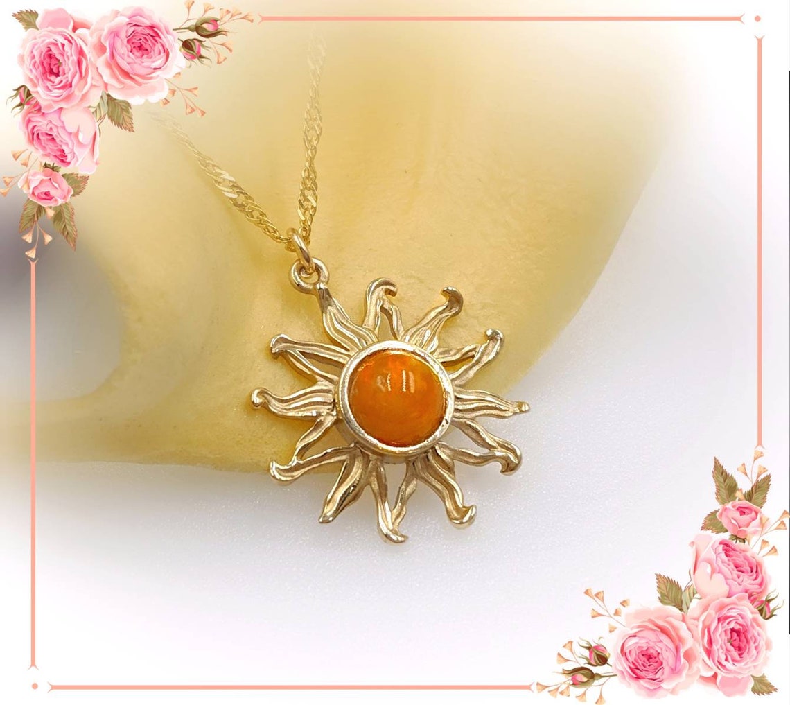 Genuine Fire Opal and Solid 14K Gold Sun Pendant Necklace; Orange ...