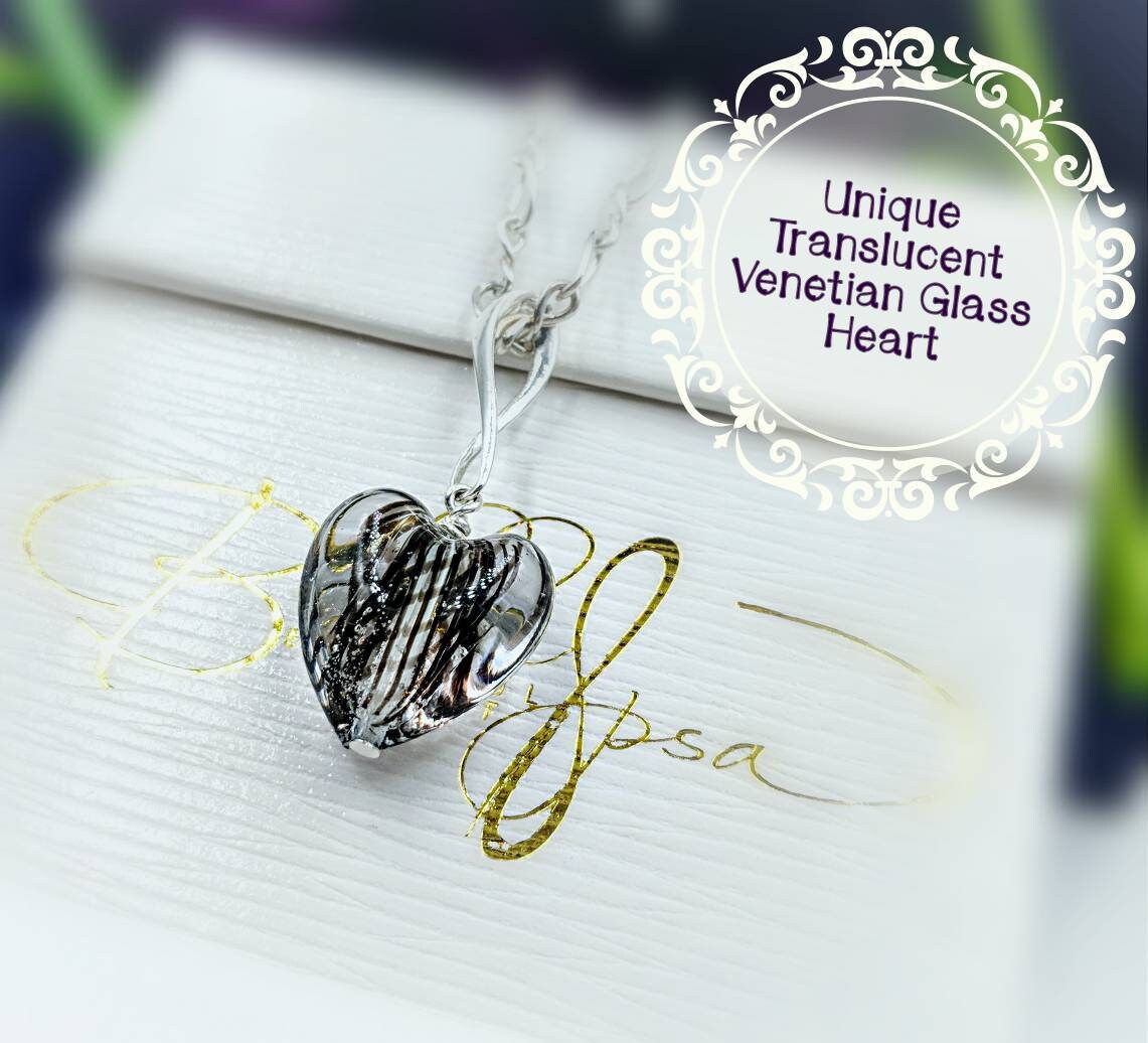 Translucent Black Swirl Heart Necklace; Venetian Glass Heart Necklace ...
