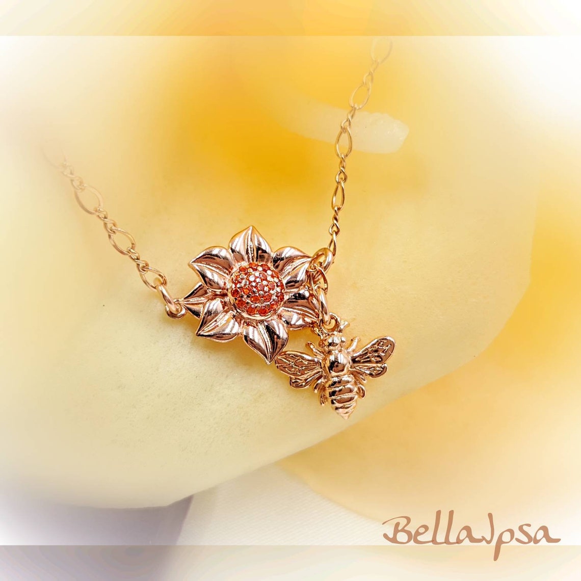 14K Vermeil Rose Gold Honey Bee Necklace With Sunflower; Rose Gold Bee ...