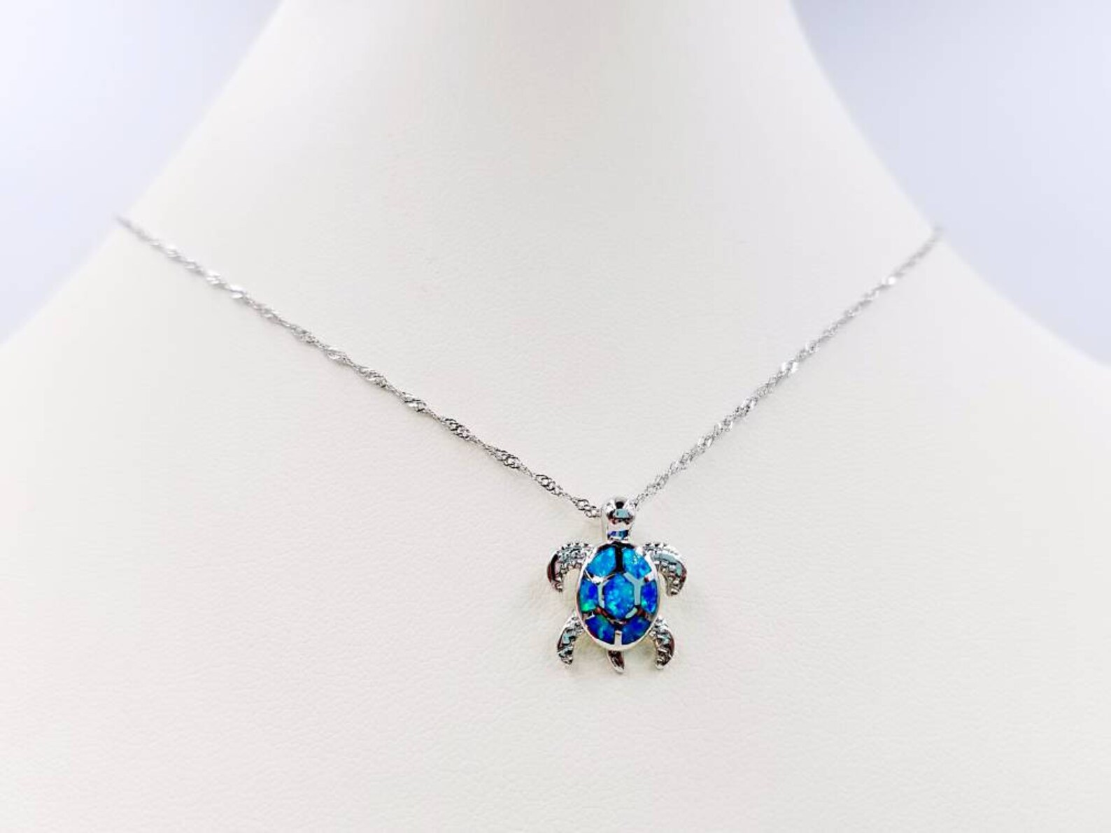 Turtle Necklace - Sterling Silver Water Wave Chain Necklace W Blue Fire ...