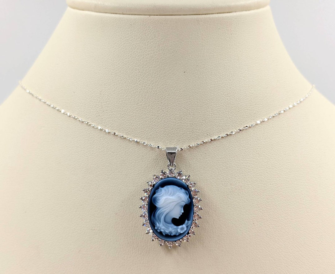 Pave Blue Agate Cameo Necklace; Classic Victorian Cameo Necklace; Black ...