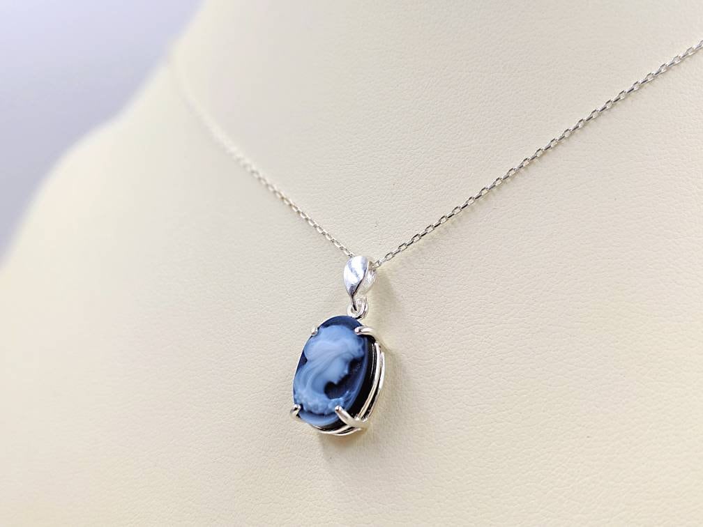 Blue Victorian Cameo, Genuine Agate Cameo Necklace, Blue Woman Stone ...