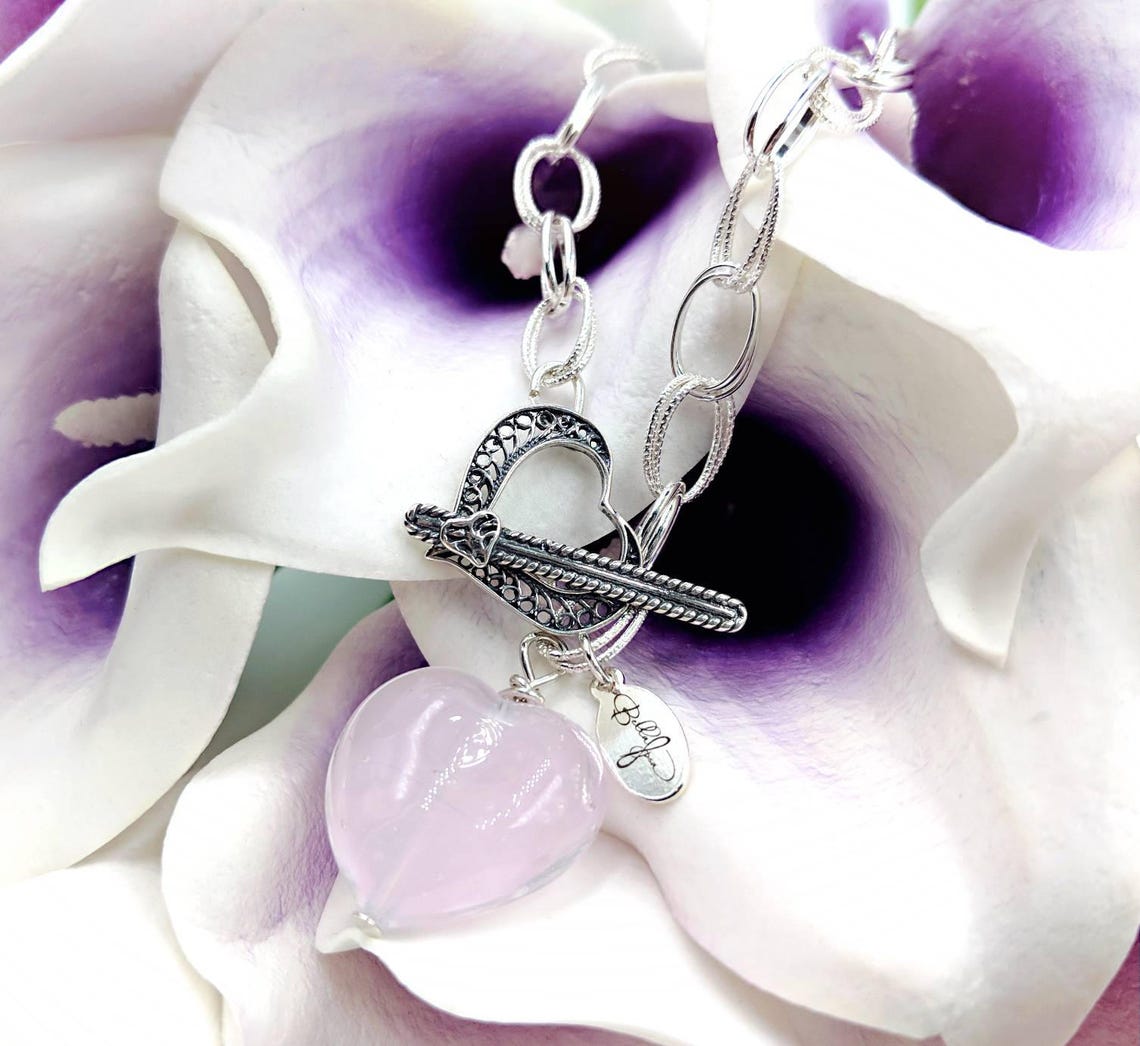Pink Heart Toggle Necklace - Sterling Fancy Double Link Chain Necklace ...