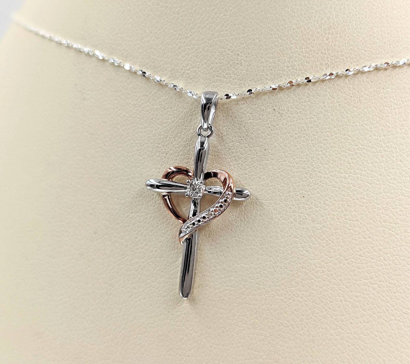 Rose Gold & Sterling Silver Cross Necklace With Heart and | Etsy