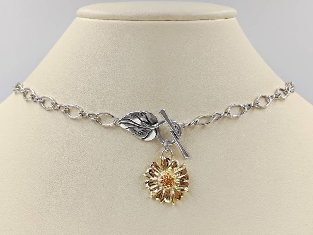 Heavy Chain Gold Sunflower Toggle Necklace; 925 CZ Sun Flower Toggle ...
