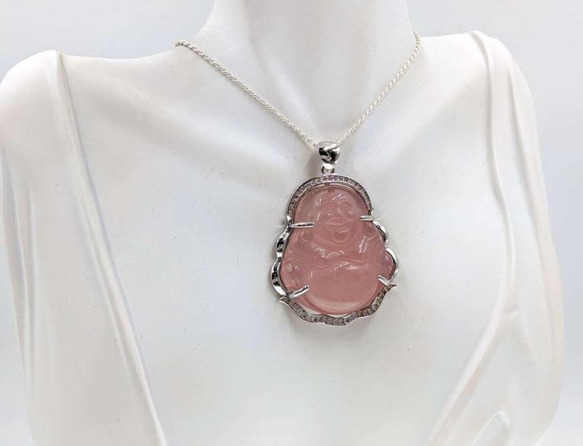 Large Sterling Silver Pink Jade Buddha 925 Buddha Necklace | Etsy