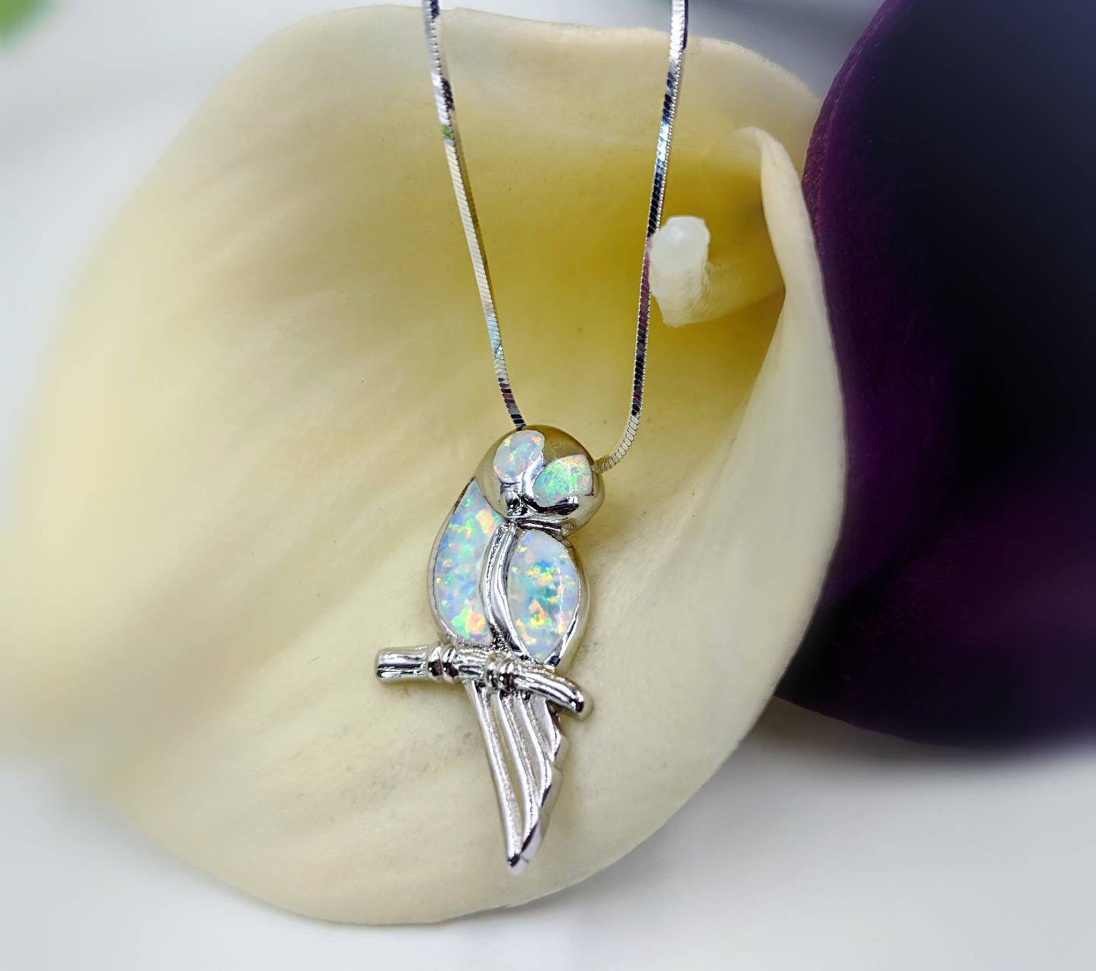 Blue Opal Owl Necklace; 925 Sterling & Fire Opal Owl Charm on Mariner ...