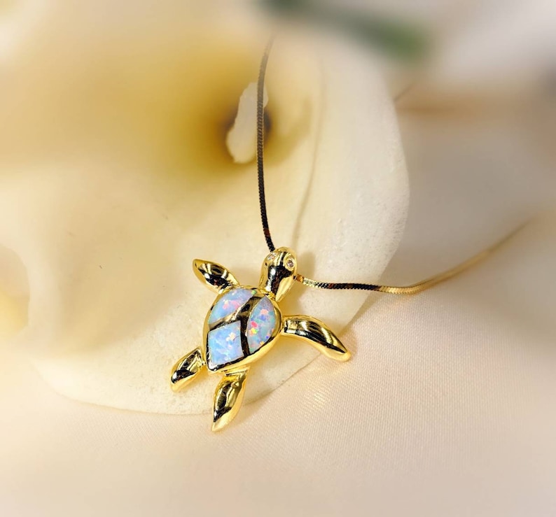 Adorable 925 Gold & White Opal Turtle Pendant W CZ Detail on Gold and ...