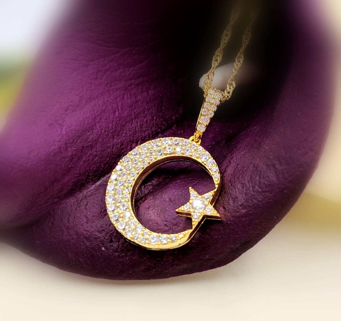 Gold Crescent Moon Necklace; Textured Gold Crescent Moon Necklace; 925 ...