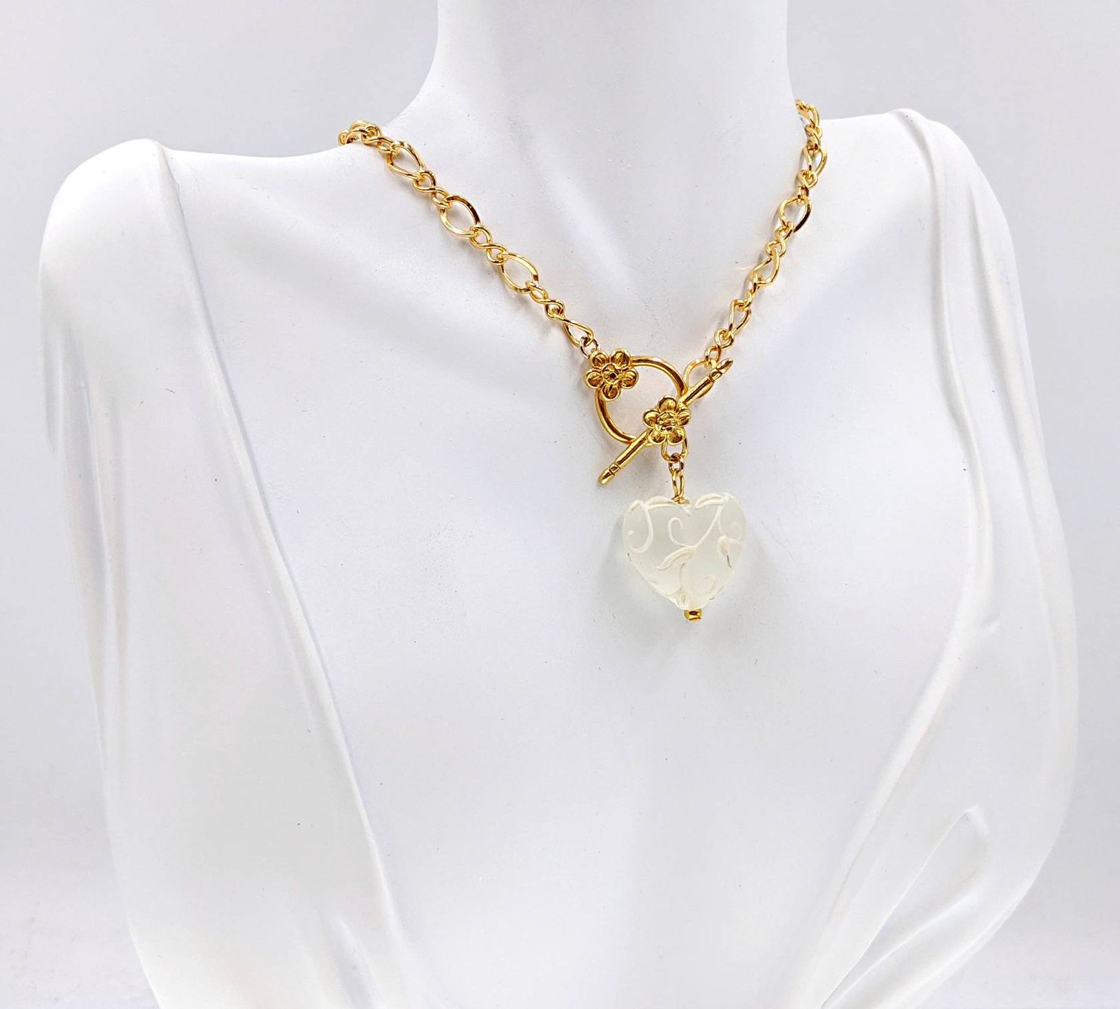 Gold Toggle Necklace Glass Ivy Heart Flower Toggle Necklace - Etsy