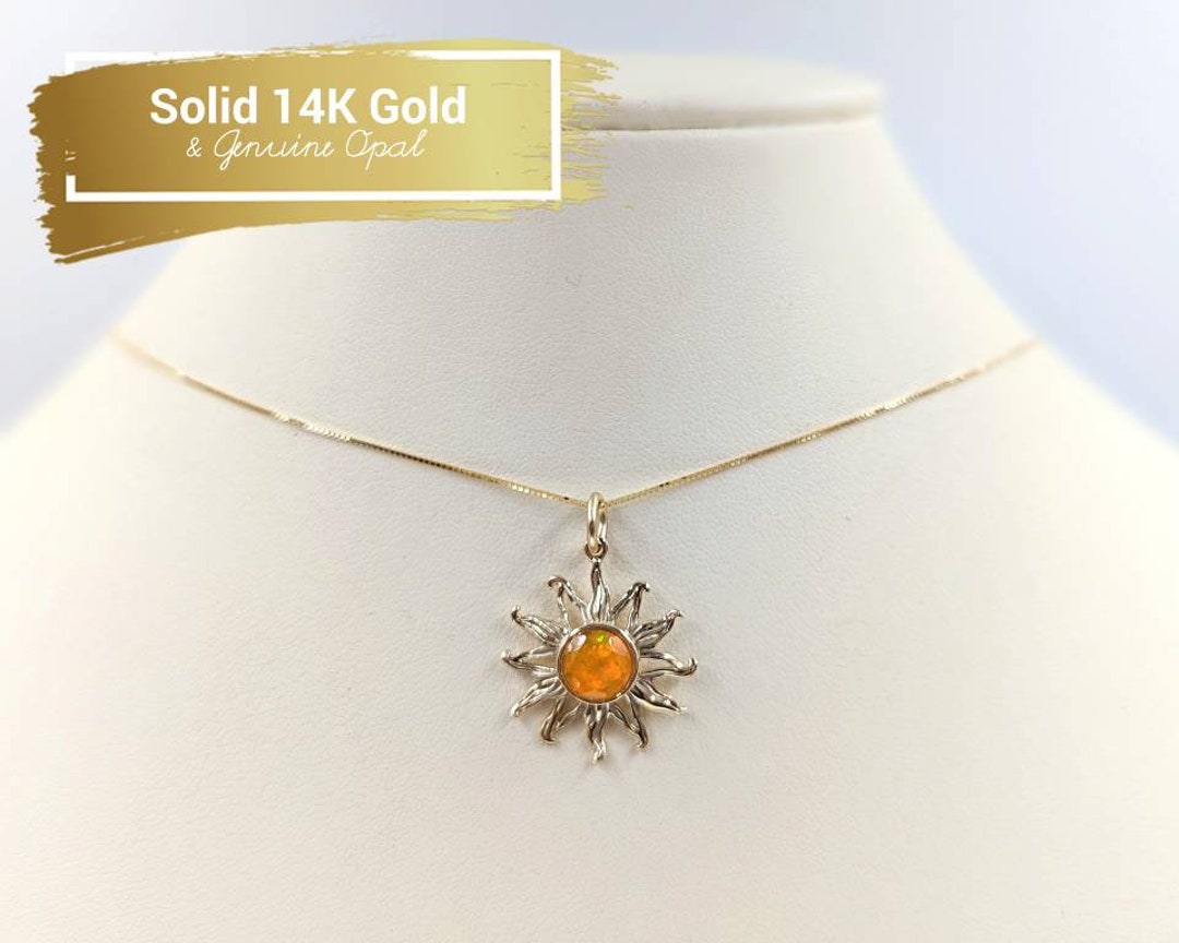 Genuine Opal and Solid 14K Gold Sun Pendant Necklace; Genuine Yellow ...