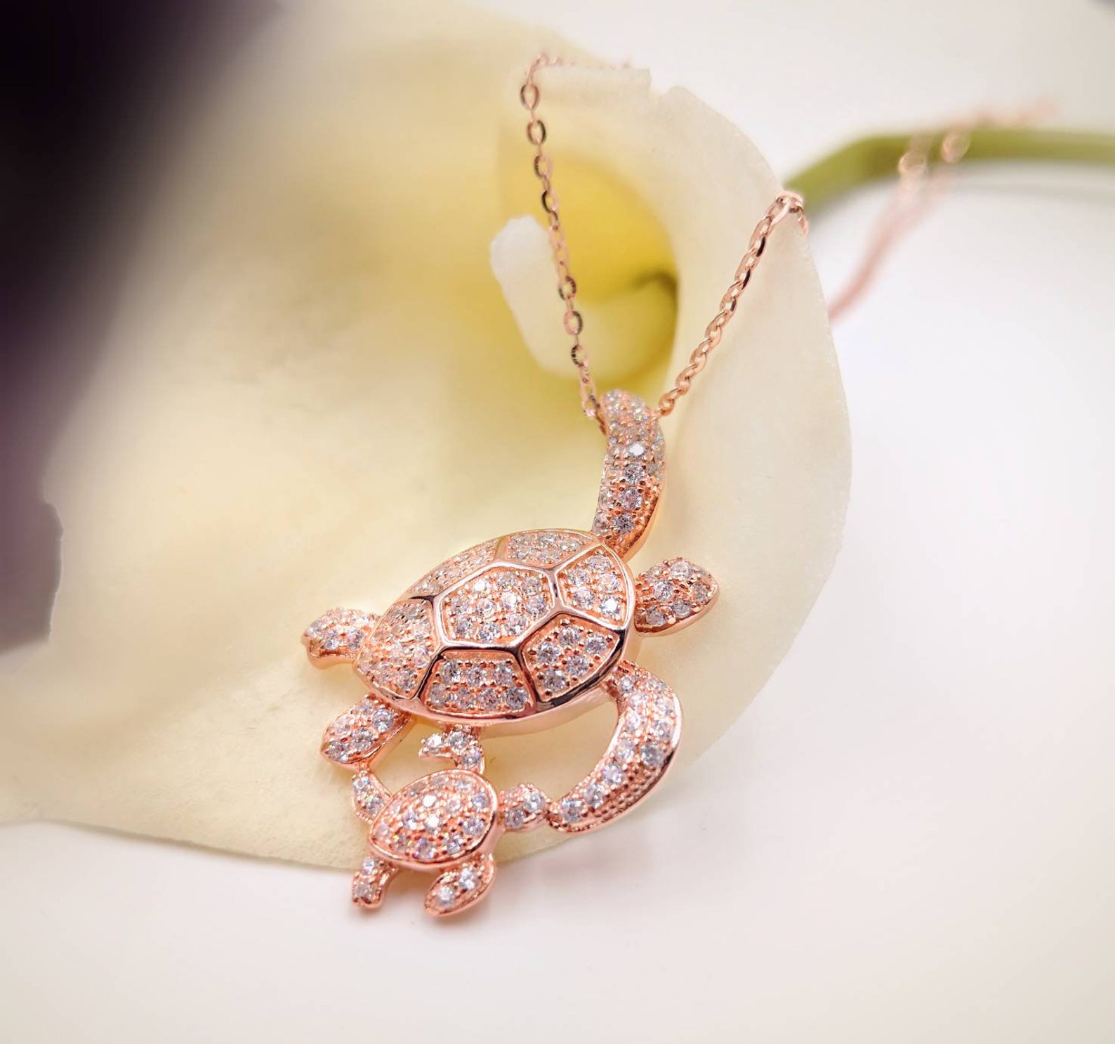 Rose Gold Turtles; Rose Mother & Baby Sea Turtle Necklace; 925 Mom and ...