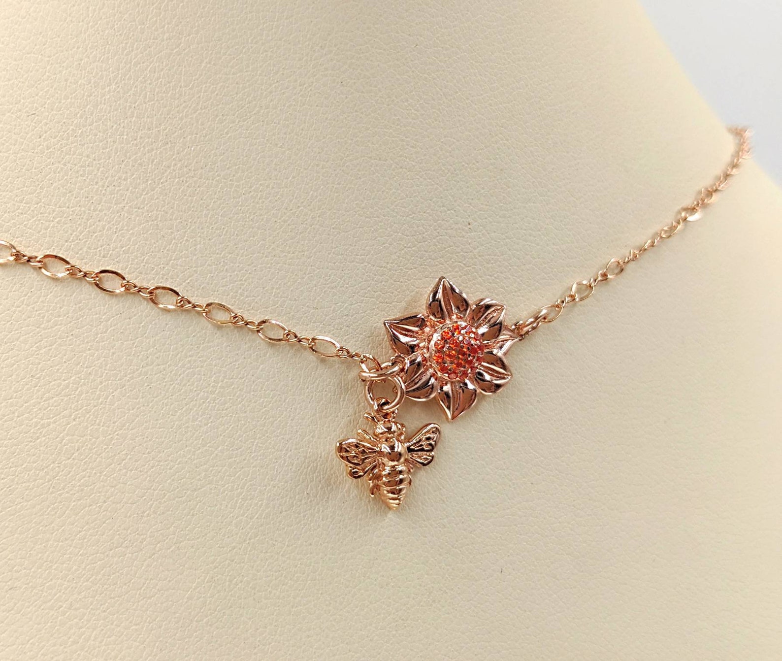 14K Vermeil Rose Gold Honey Bee Necklace With Sunflower; Rose Gold Bee ...