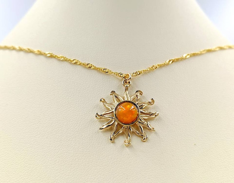 Genuine Fire Opal and Solid 14K Gold Sun Pendant Necklace; Orange ...