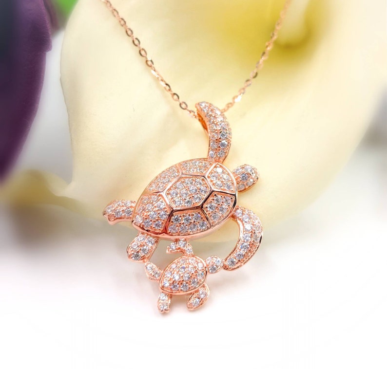 Rose Gold Turtles Rose Mother & Baby Sea Turtle Necklace 925 - Etsy