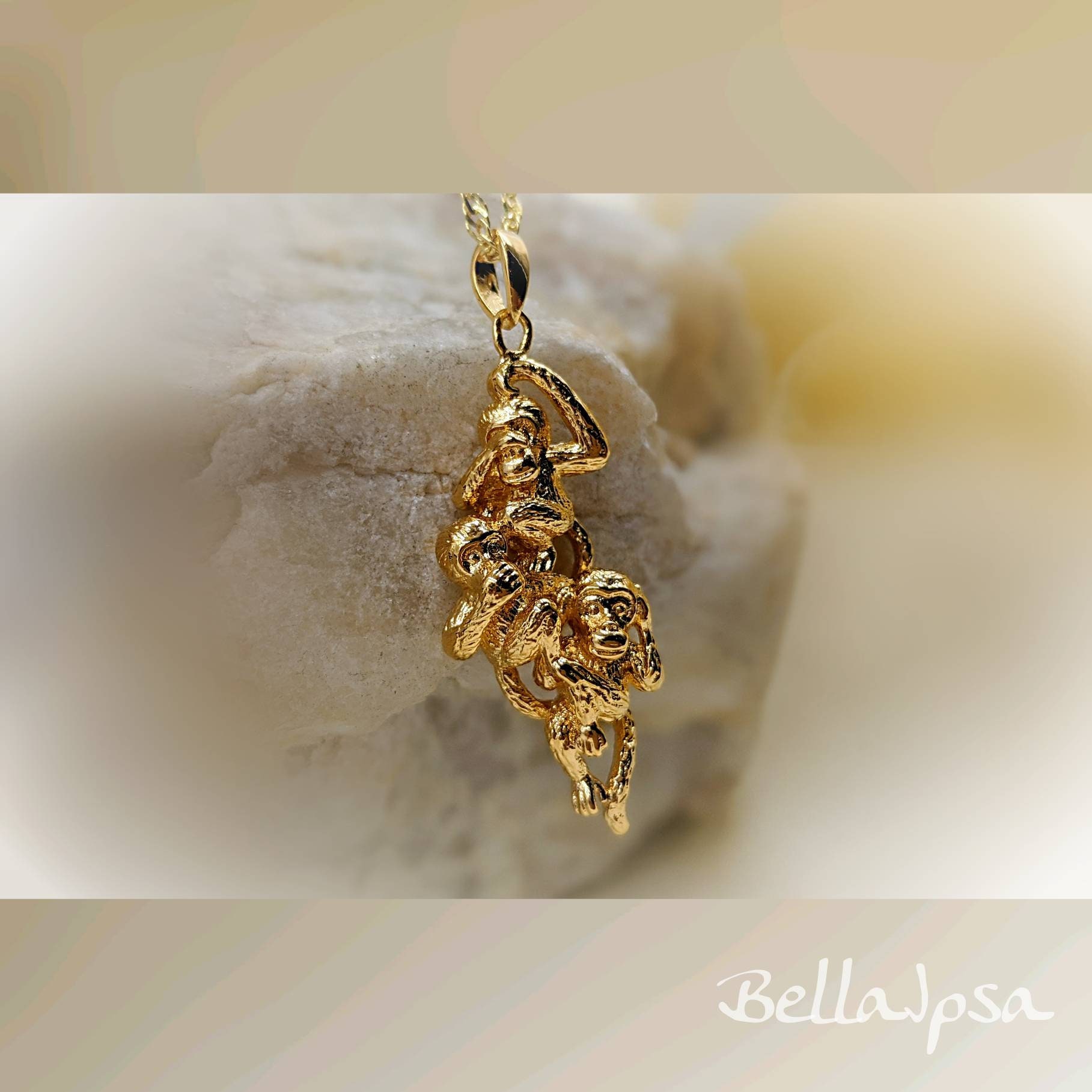 Three Gold Monkey Necklace; Gold Vermeil Monkey Necklace; 925 Sterling ...