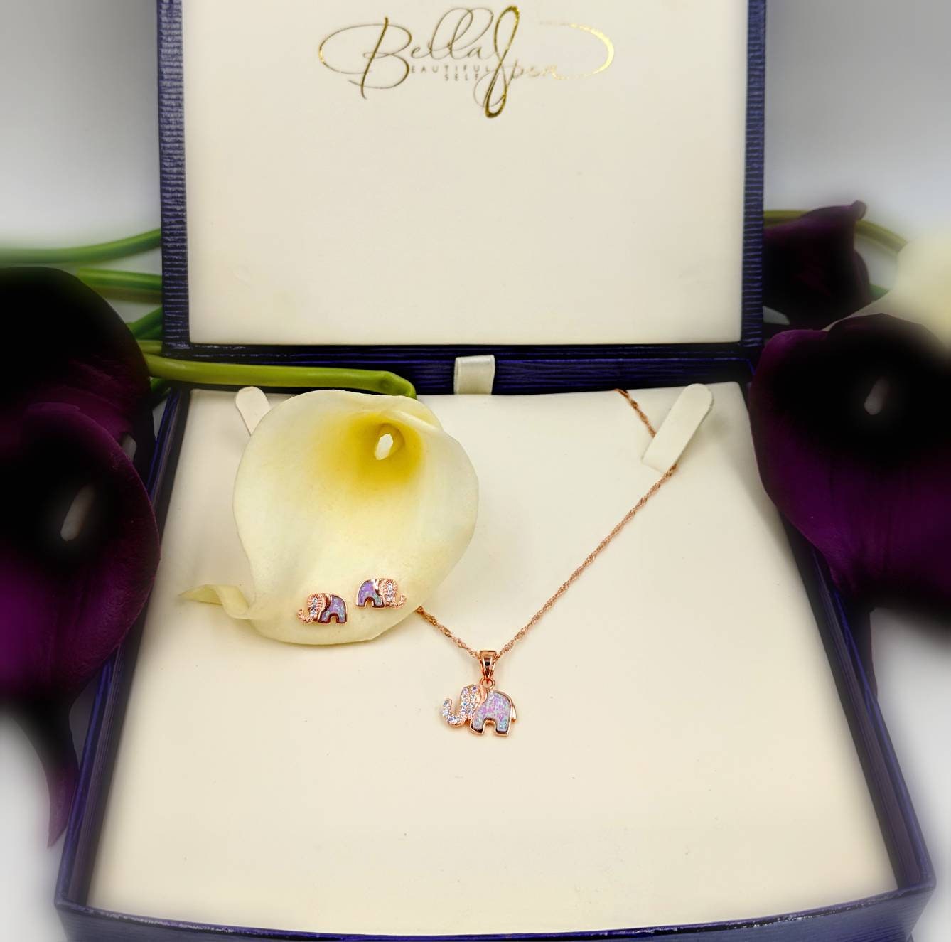Rose Gold Pink Opal Elephant Necklace & Earring Set; 925 Rose Gold Opal ...