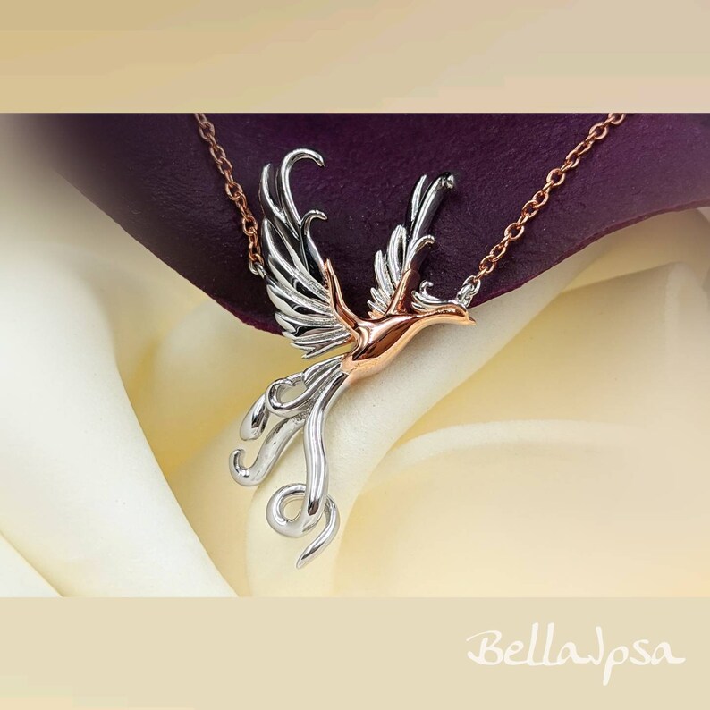 Two Tone Phoenix Rising Necklace, 925 Silver & Rose Gold Phoenix Rising ...