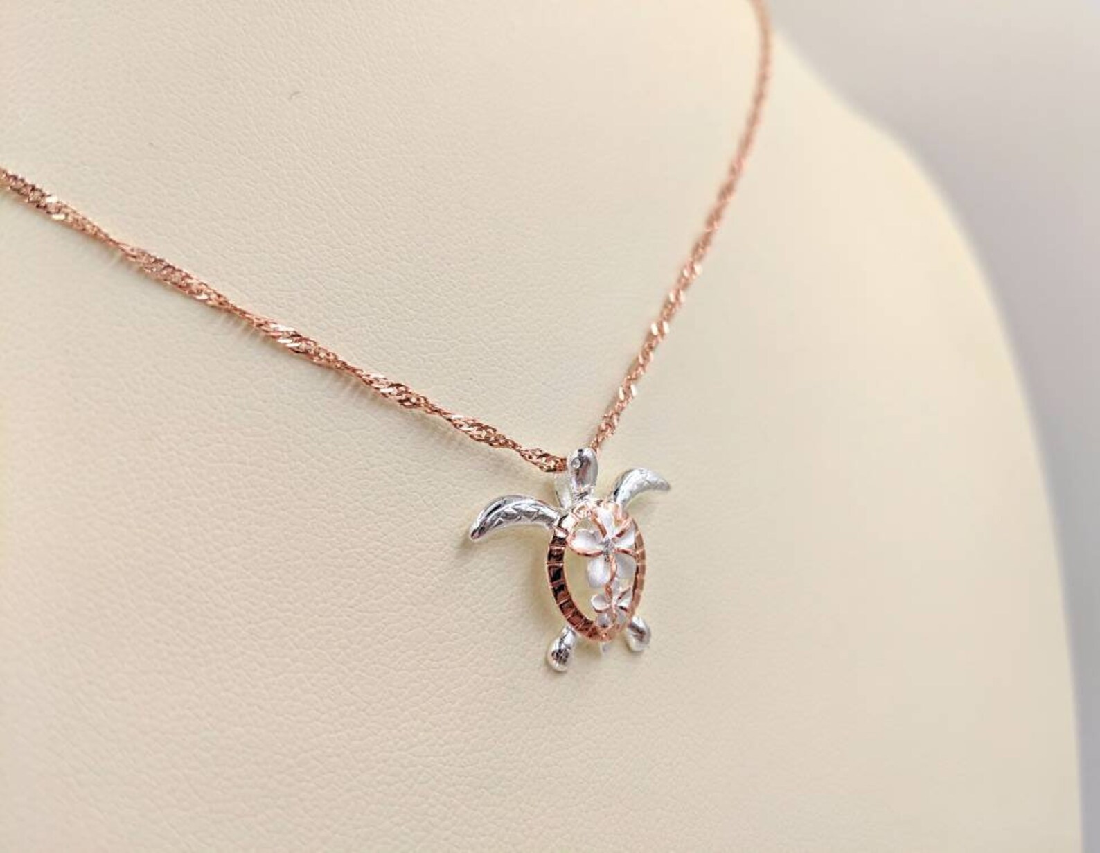 Two Tone Turtle Rose Gold Turtle Necklace With Hibiscus - Etsy