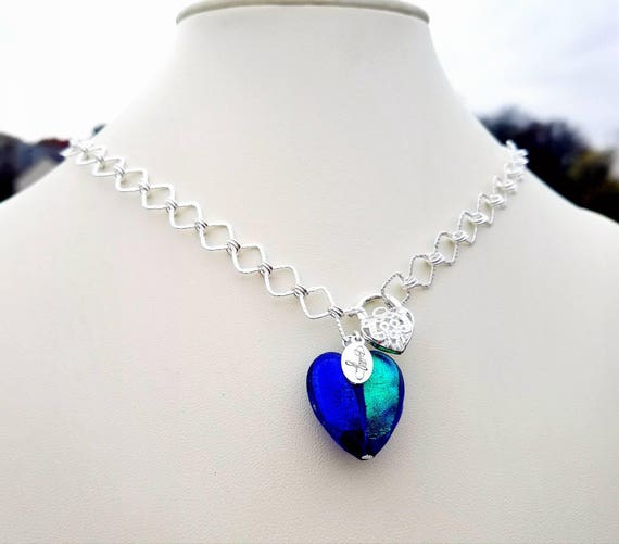 Sterling Silver Textured Chain Necklace W Dichroic Blue & Neon - Etsy