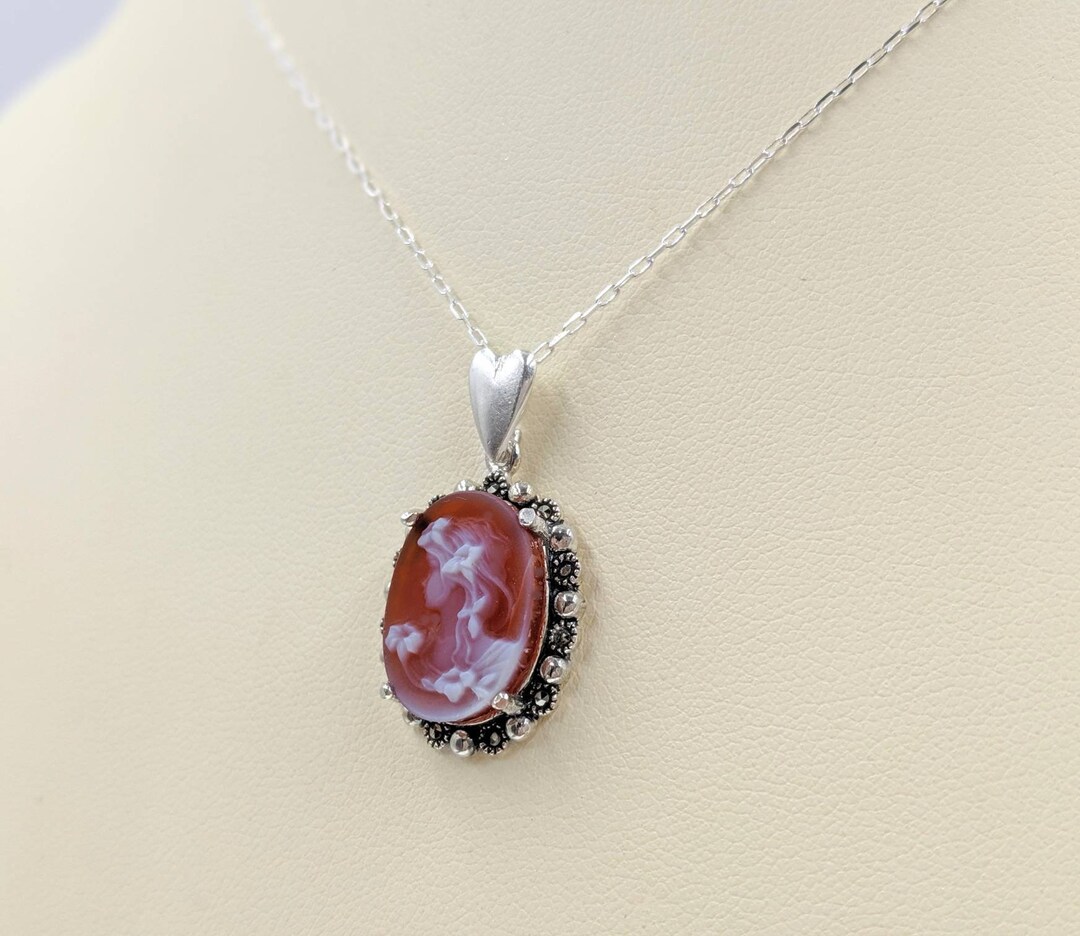 Marscaite Cameo Necklace Genuine Red Agate Cameo W 925 Marscaite Detail ...