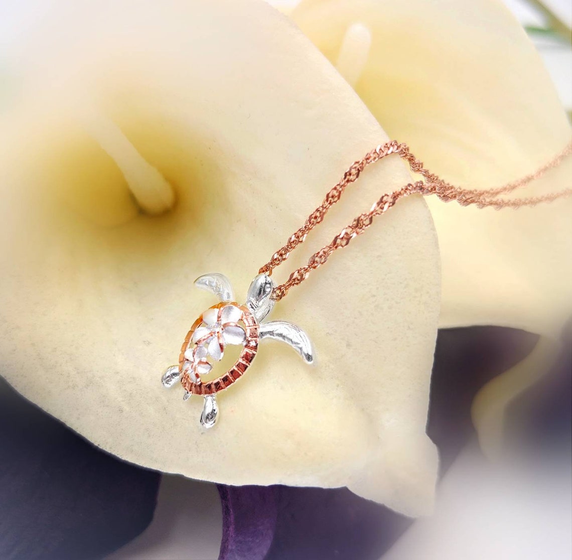 Two Tone Turtle Rose Gold Turtle Necklace With Hibiscus - Etsy
