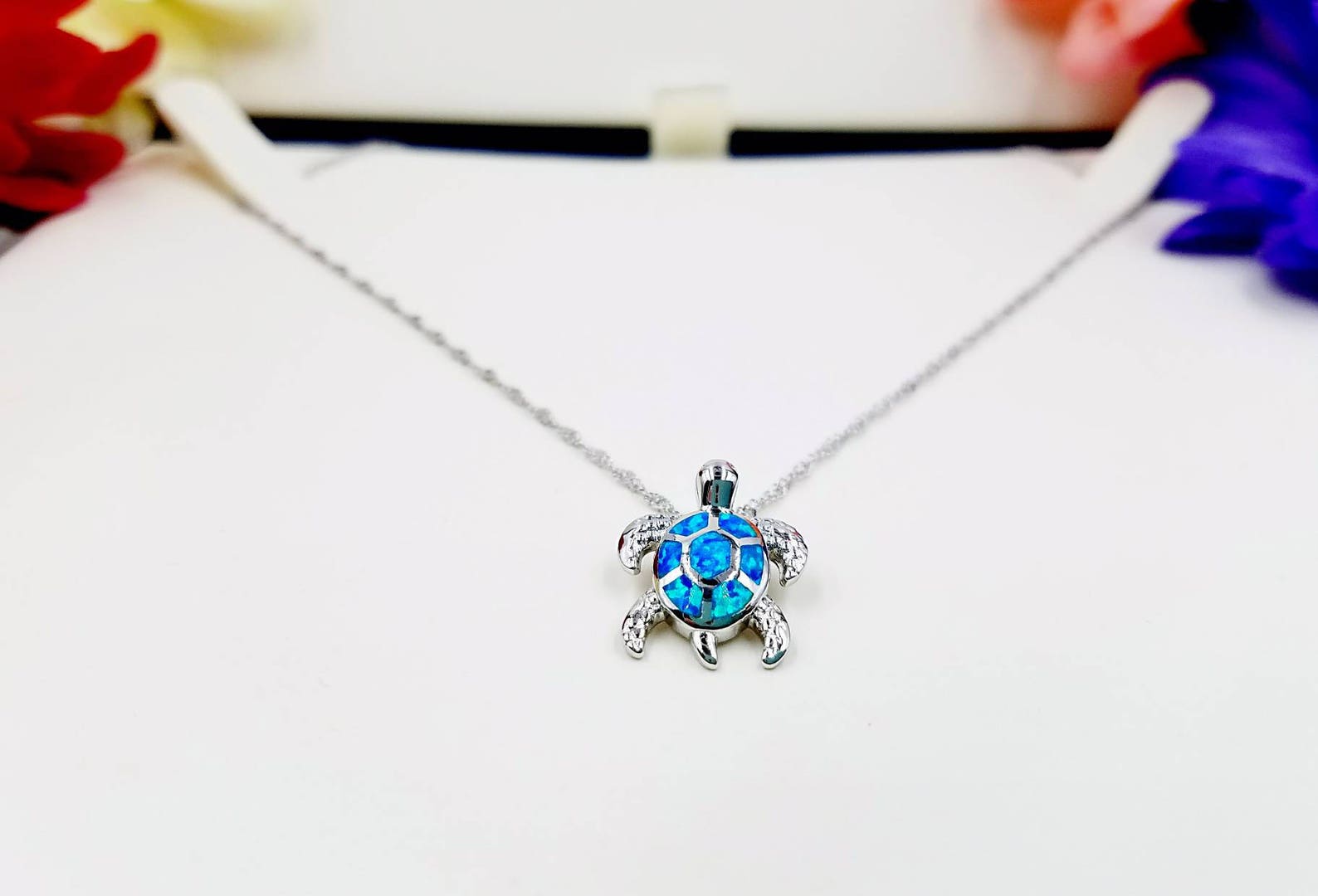 Turtle Necklace - Sterling Silver Water Wave Chain Necklace W Blue Fire ...