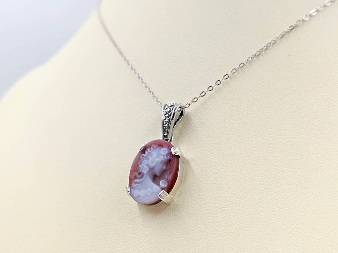 Cameo Necklace; Genuine Red Agate Cameo Necklace W 925 Sterling Setting ...
