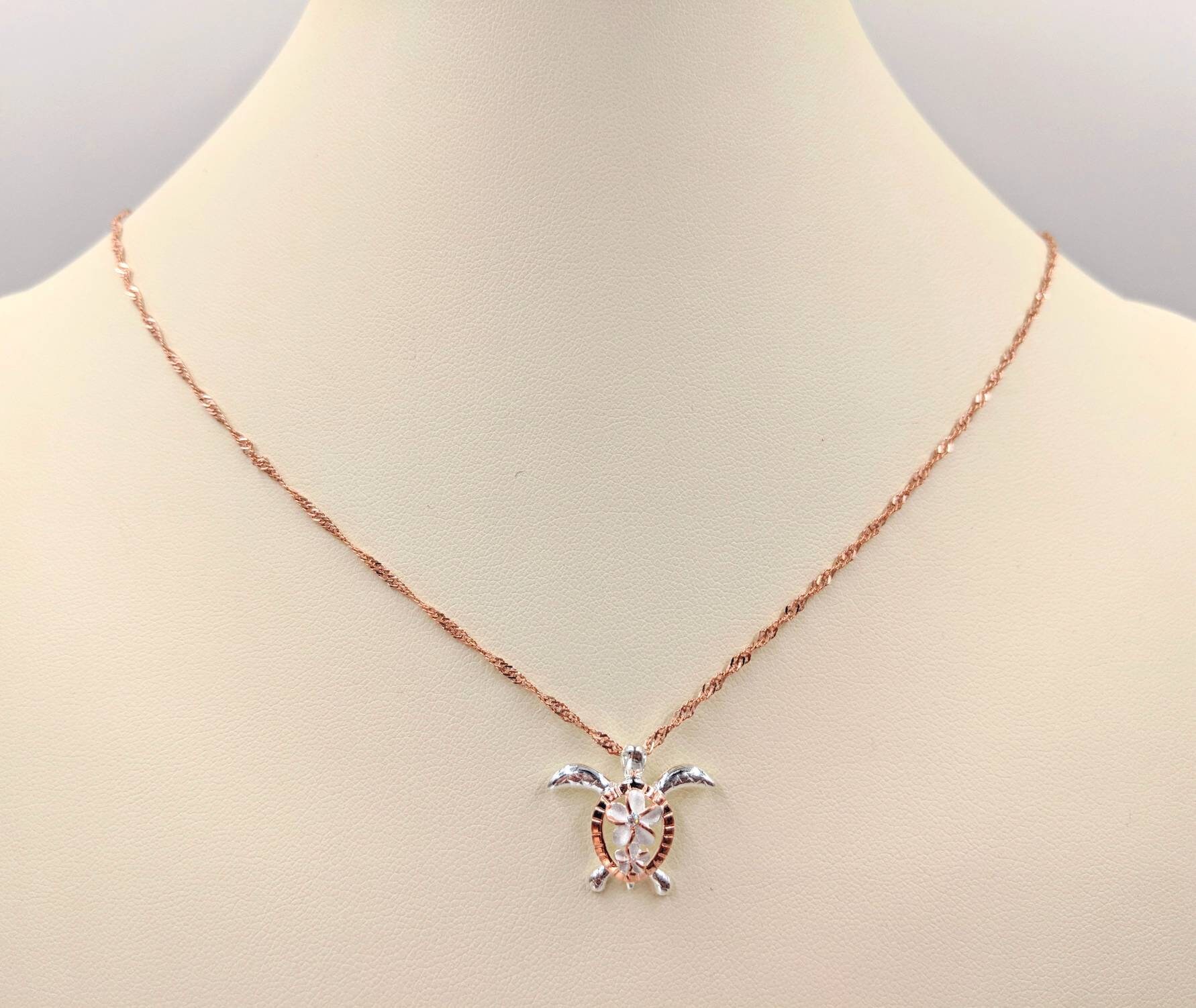 Two Tone Turtle Rose Gold Turtle Necklace With Hibiscus - Etsy