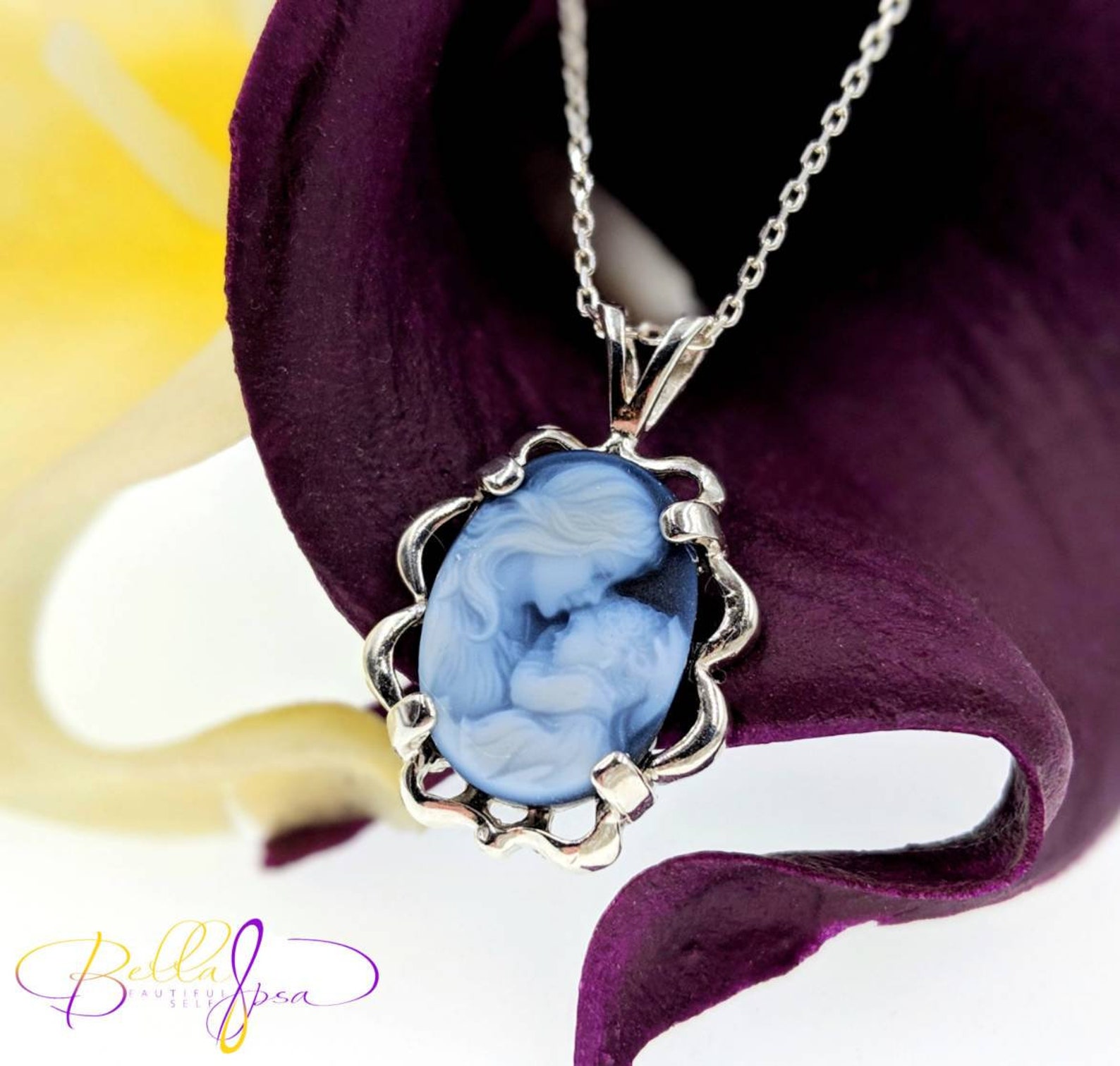 Victorian Cameo Necklace; Blue Genuine Agate Cameo Mother & Child Cameo ...