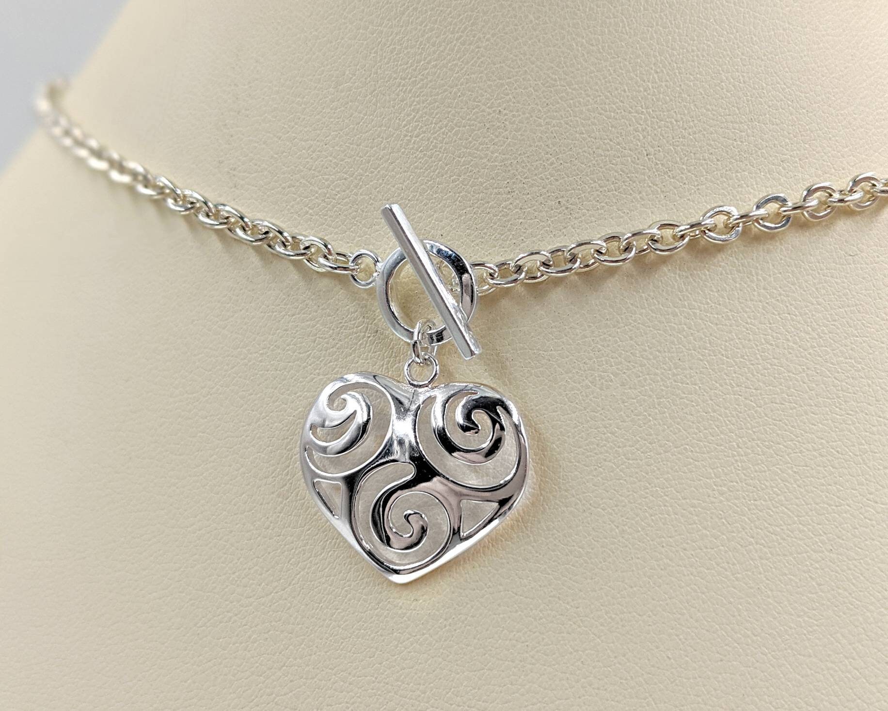 925 Sterling Silver Heart Toggle Necklace Heart Toggle Puffy Etsy