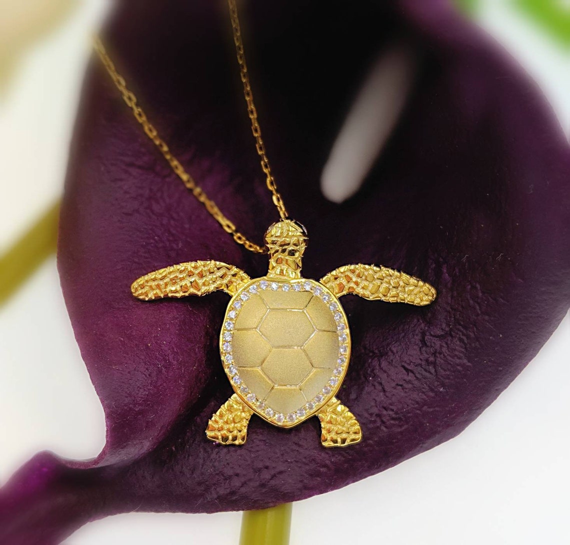 Yellow Gold Sea Turtle Necklace 925 and Gold Turtle Charm | Etsy
