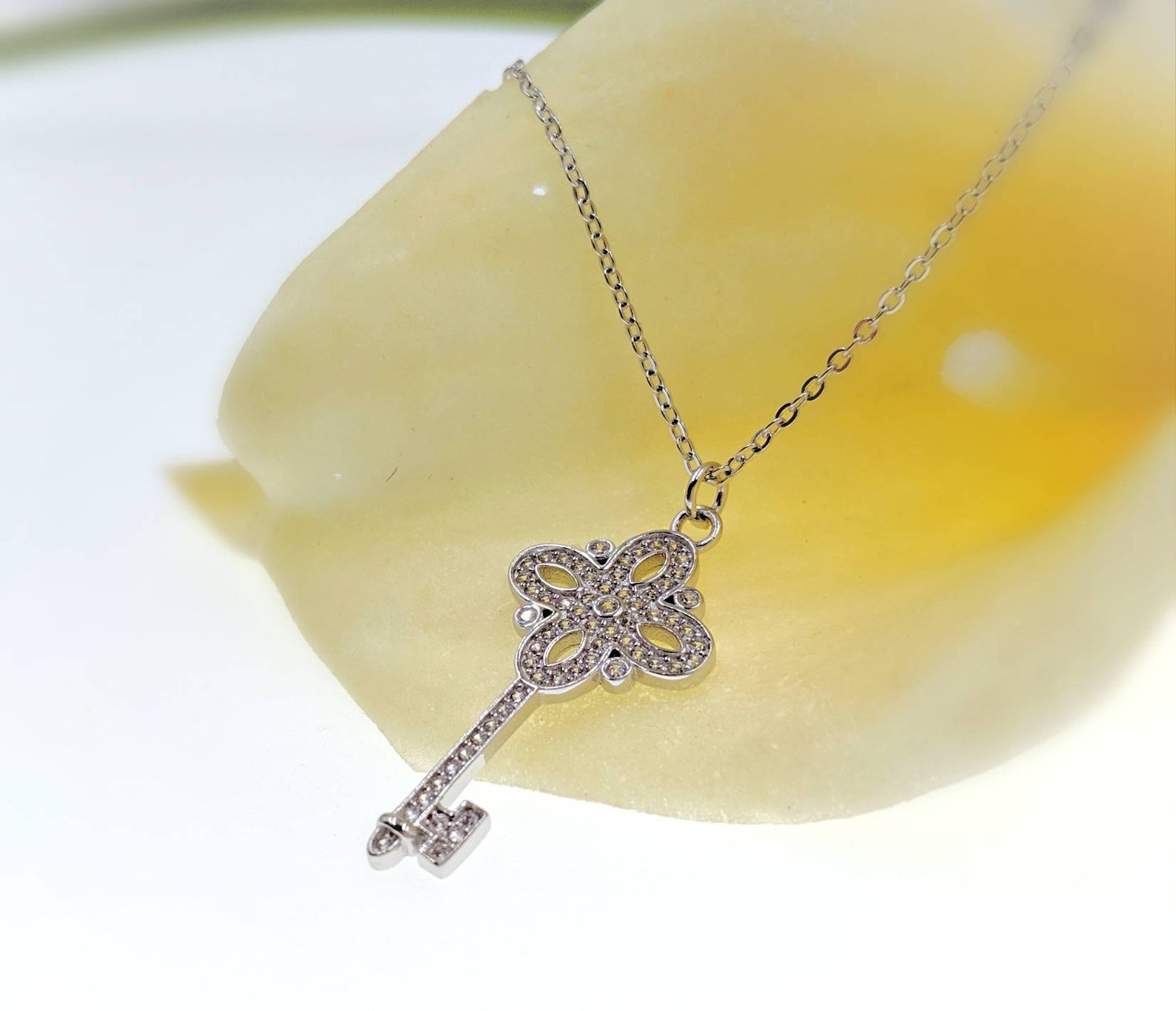 925 and CZ Pave Key Necklace Silver Key Pendant Box Snake | Etsy